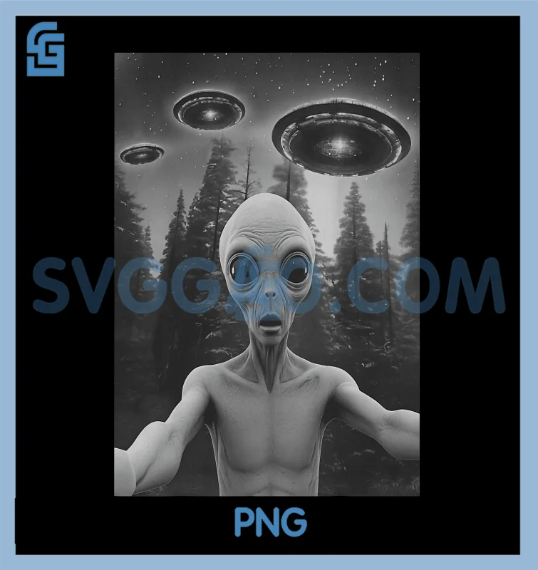 Alien Selfie With UFO PNG, Funny Retro Space Scene PNG