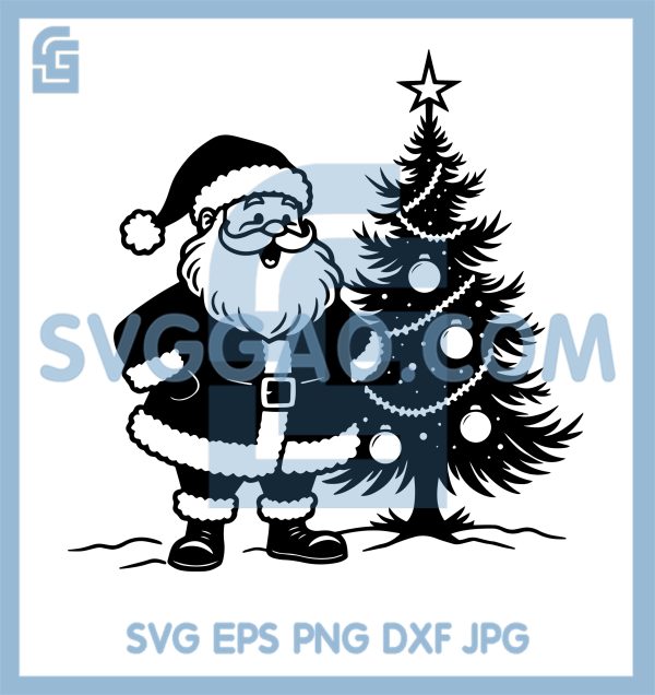 Santa Claus Standing By Christmas Tree SVG, Holiday Line Art SVG – SVGGAO