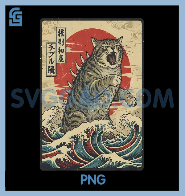Catzilla Cat Japanese Wave Art PNG, Funny Monster PNG – SVGGAO